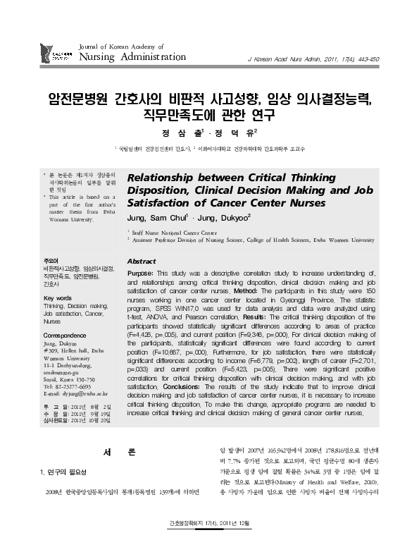 Relationship Between Critical Thinking Disposition Clinical Decision Making And Job