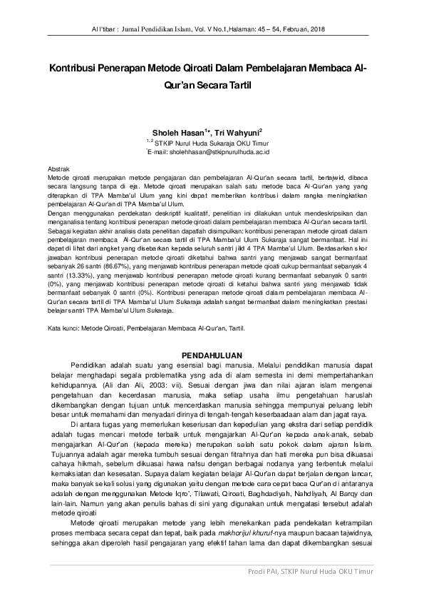 (PDF) Kontribusi Penerapan Metode Qiroati Dalam Pembelajaran Membaca Al-Qur’an Secara Tartil ...