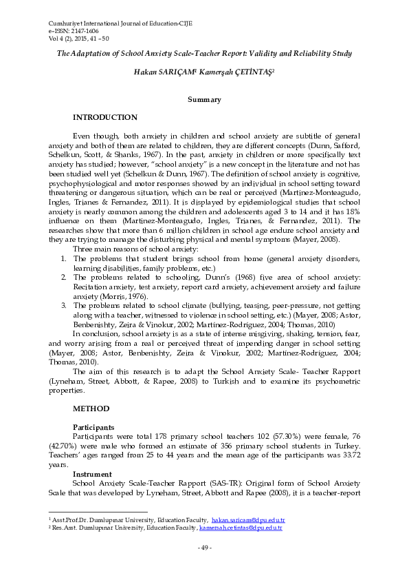 (PDF) The Adaptation of School Anxiety Scale-Teacher Report: Validity and Reliability Study