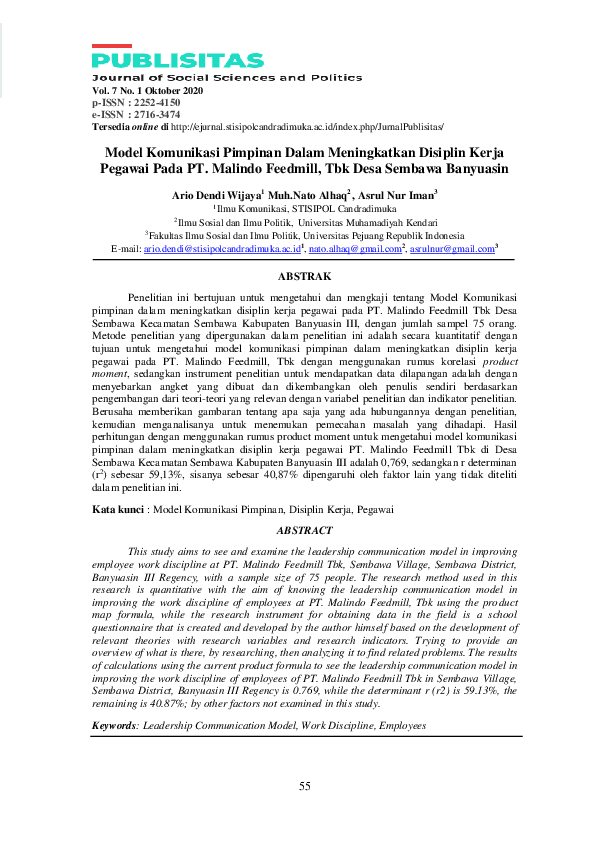 (PDF) Model Komunikasi Pimpinan Dalam Meningkatkan Disiplin Kerja Pegawai Pada PT. Malindo ...