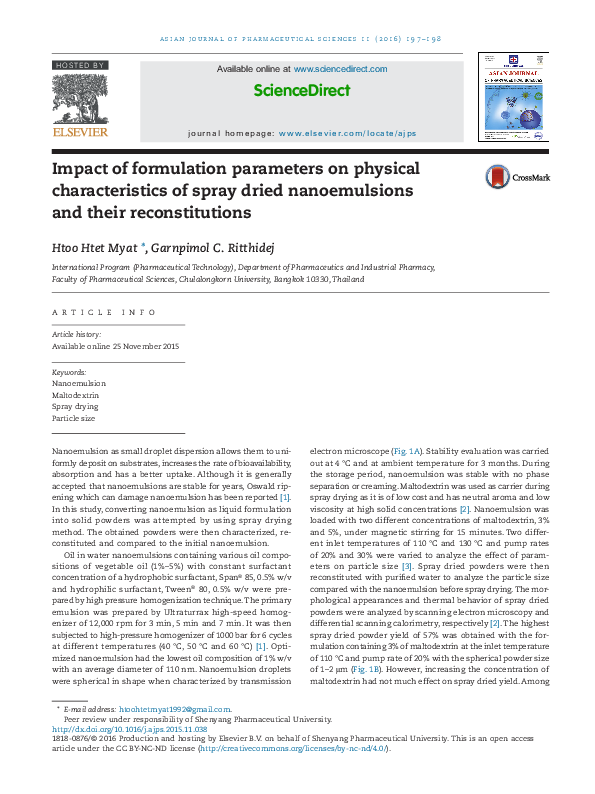 Pdf Impact Of Formulation Parameters On Physical Characteristics Of Spray Dried Nanoemulsions