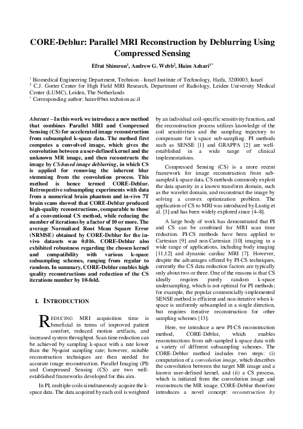 (PDF) CORE-Deblur: Parallel MRI Reconstruction by Deblurring using compressed sensing