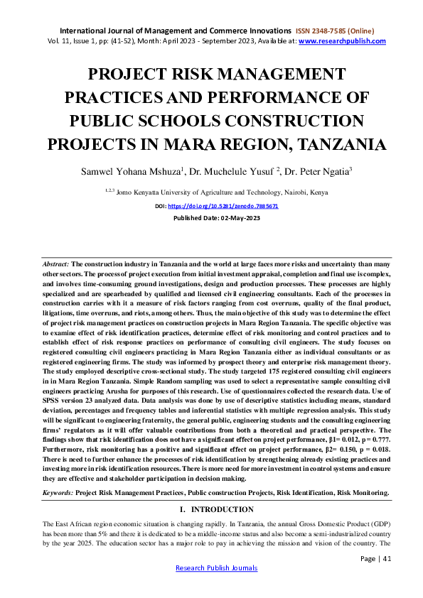 (PDF) Project Risk Management Practices and Performance of Public Schools Construction Projects ...