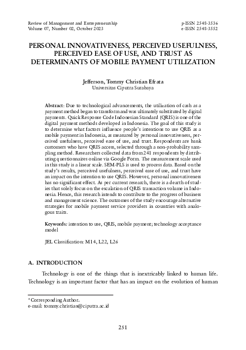 (PDF) The Influence of Personal Innovativeness, Perceived Usefulness, Perceived Ease of Use, and ...