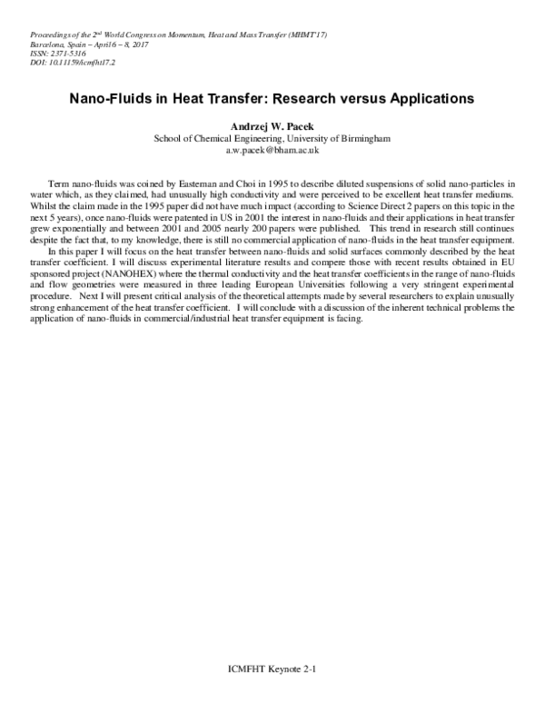(PDF) Nano-Fluids in Heat Transfer: Research versus Applications