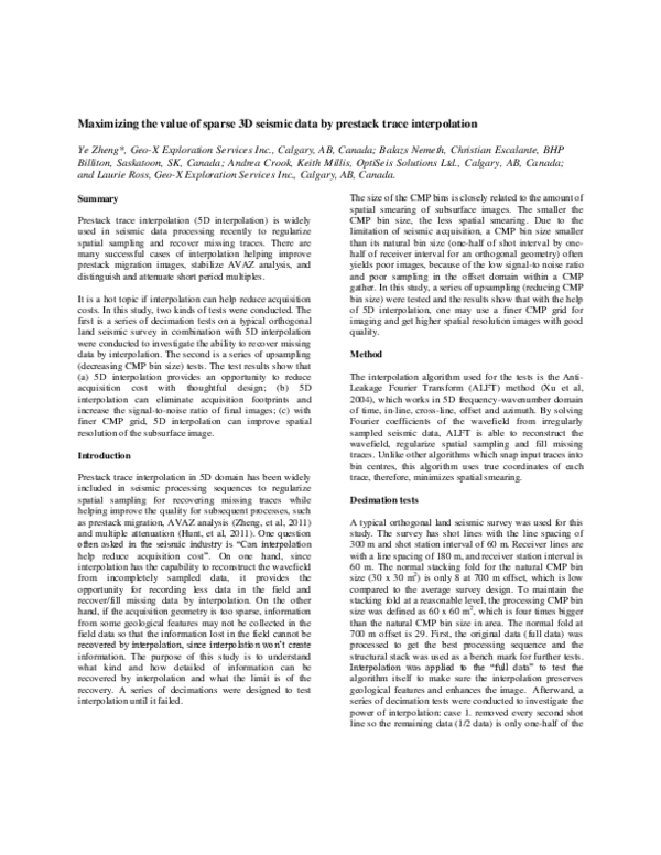 Pdf Maximizing The Value Of Sparse 3d Seismic Data By Prestack Trace Interpolation