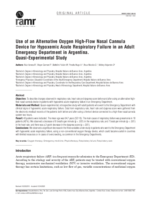 (PDF) Use of an Alternative Oxygen High-Flow Nasal Cannula Device for ...