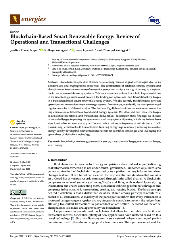 (PDF) Blockchain-Based Smart Renewable Energy: Review of Operational and Transactional Challenges