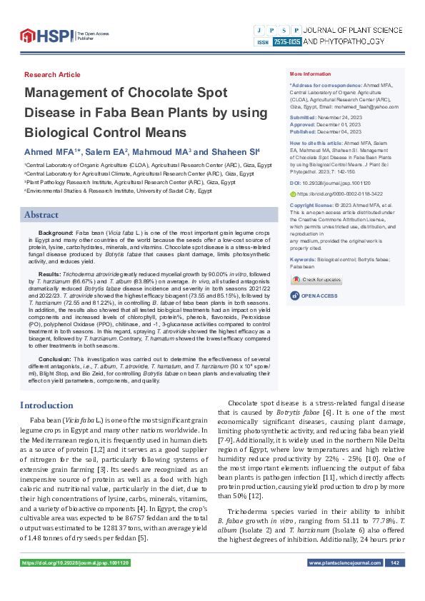 (PDF) Management of Chocolate Spot Disease in Faba Bean Plants by using Biological Control Means
