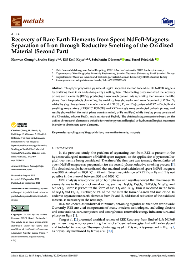 (PDF) Recovery of Rare Earth Elements from Spent NdFeB-Magnets ...