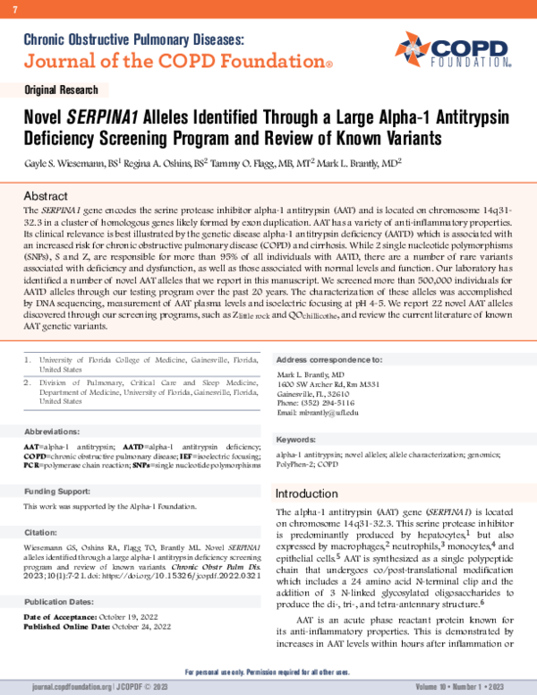 (PDF) Novel SERPINA1 Alleles Identified through a Large Alpha-1 ...