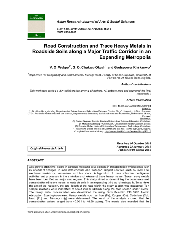 (PDF) Road Construction and Trace Heavy Metals in Roadside Soils along ...