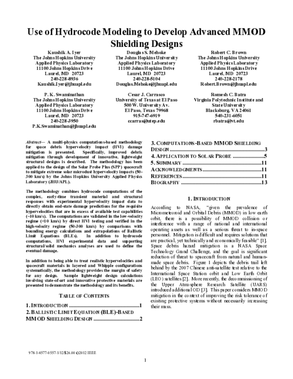 (PDF) Use of hydrocode modeling to develop advanced MMOD shielding designs