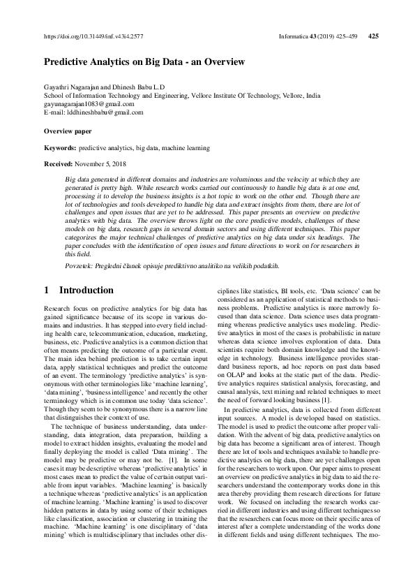 (PDF) Predictive Analytics On Big Data - An Overview