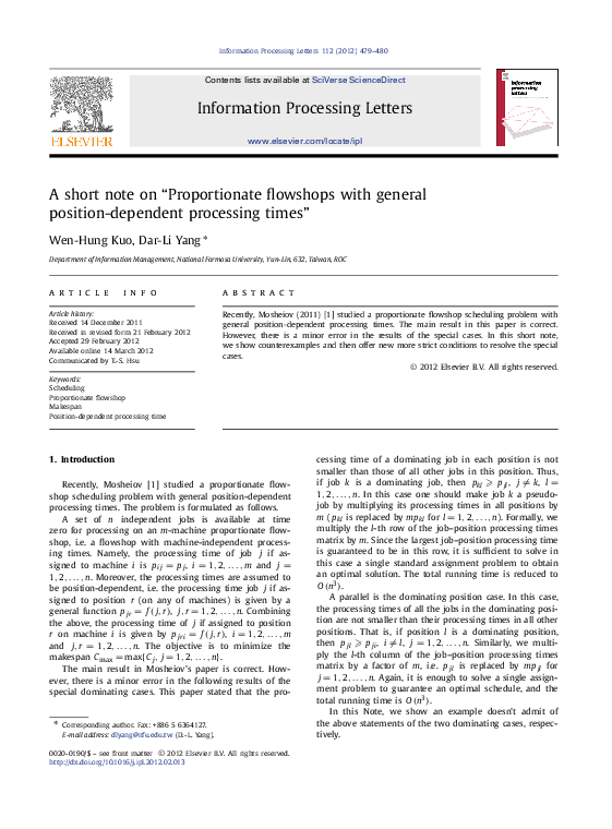 Pdf A Short Note On “proportionate Flowshops With General Position Dependent Processing Times”