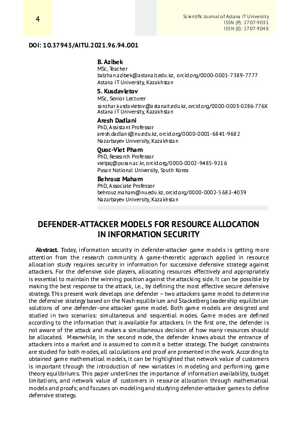 (PDF) Defender-Attacker Models for Resource Allocation in Information Security