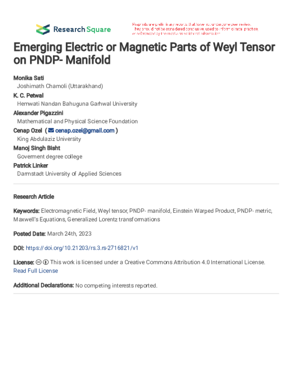 (PDF) Emerging Electric or Magnetic Parts of Weyl Tensor on PNDP- Manifold