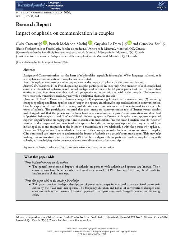 (PDF) Impact of aphasia on communication in couples