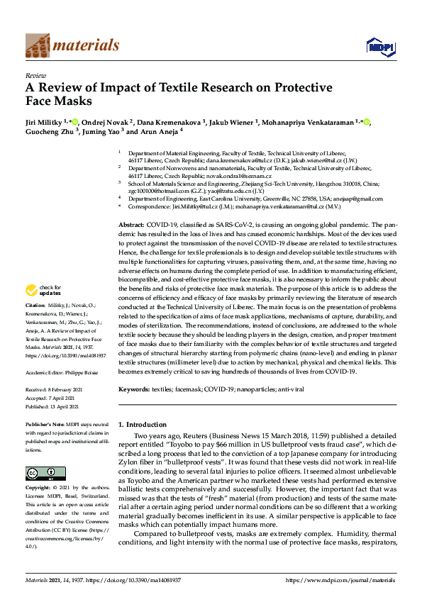 (PDF) A Review of Impact of Textile Research on Protective Face Masks ...