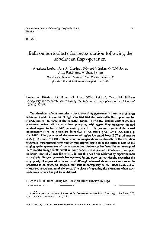 Balloon aortoplasty for recoarctation following the subclavian flap operation