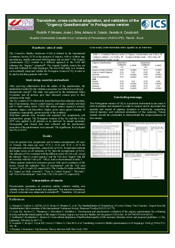 Pdf Translation Cross Cultural Adaptation And Validation Of The “urgency Questionnaire” In
