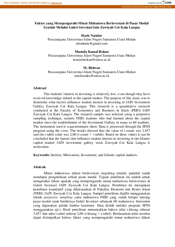 (PDF) Faktor yang Mempengaruhi Minat Mahasiswa Berinvestasi di Pasar Modal Syariah Melalui ...