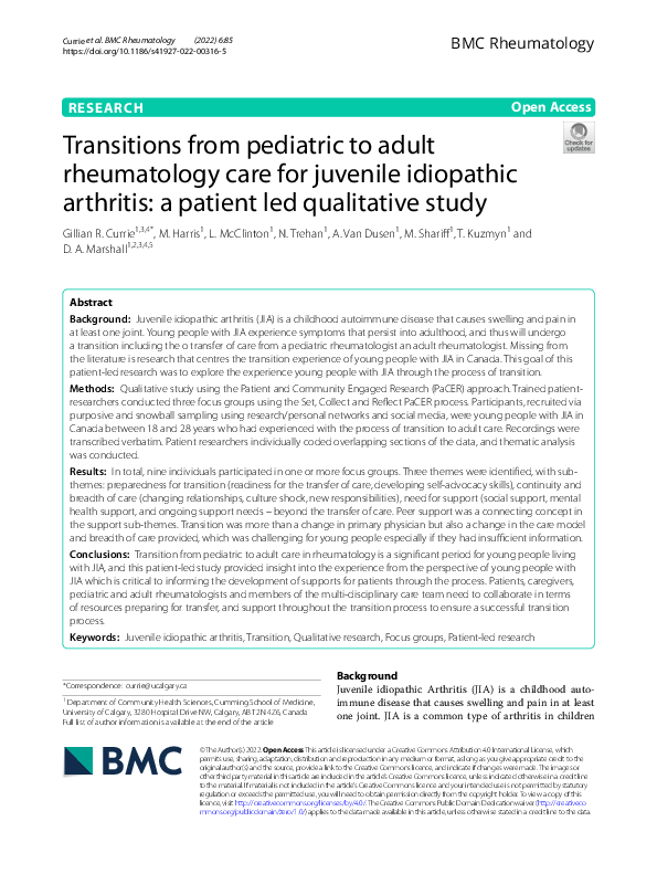 (PDF) Transitions from pediatric to adult rheumatology care for ...