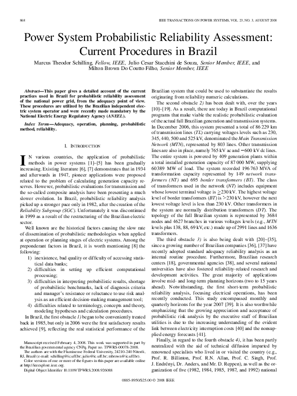 (PDF) Power System Probabilistic Reliability Assessment: Current Procedures in Brazil | Marcus ...