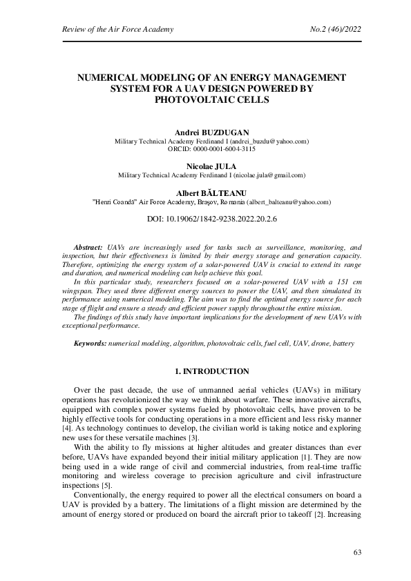 (PDF) Numerical Modeling of an Energy Management System for a Uav Design Powered by Photovoltaic ...
