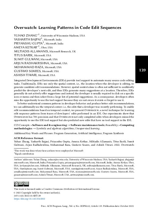 (PDF) Overwatch: learning patterns in code edit sequences | Mohammad ...