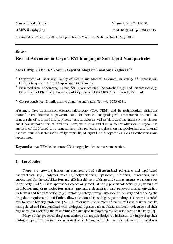 (PDF) Recent Advances in Cryo-TEM Imaging of Soft Lipid Nanoparticles