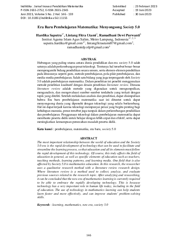 (PDF) Era Baru Pembelajaran Matematika: Menyongsong Society 5.0