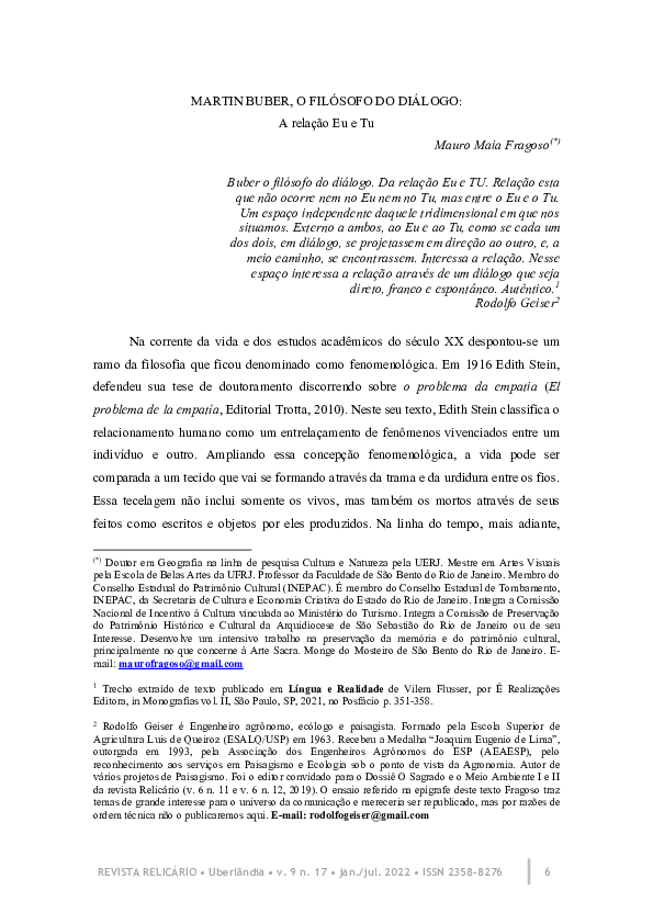 (PDF) Martin Buber, O Filósofo Do Diálogo