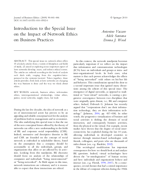 (PDF) Introduction to the Special Issue on the Impact of Network Ethics ...