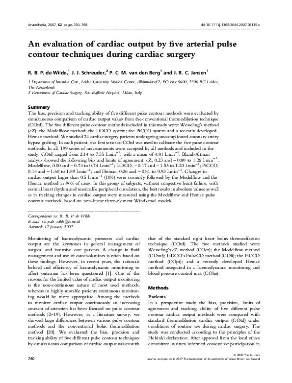 (PDF) An evaluation of cardiac output by five arterial pulse contour ...