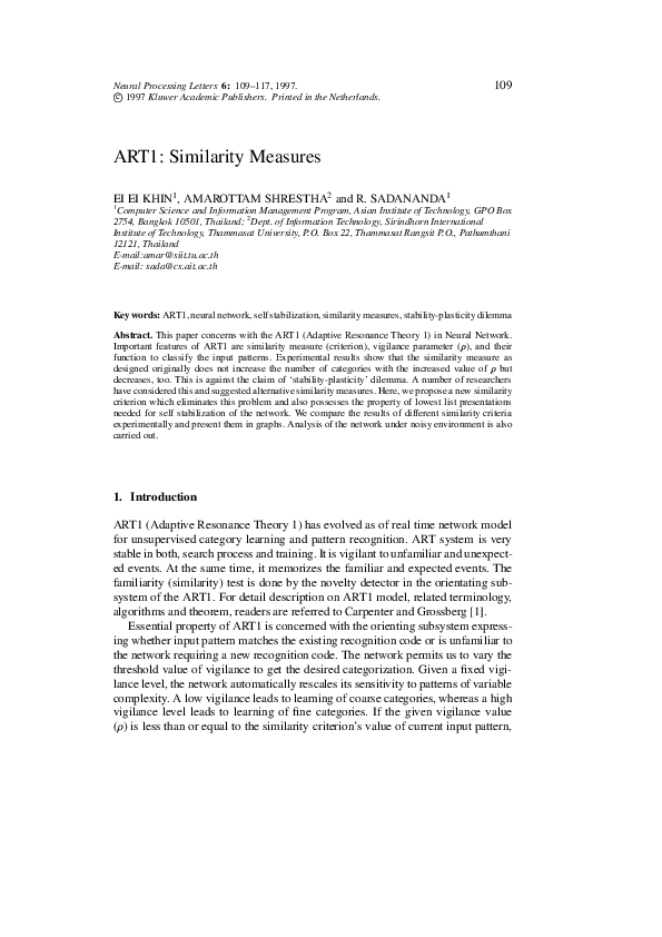 (PDF) ART1 Neural Network Similarity Measures