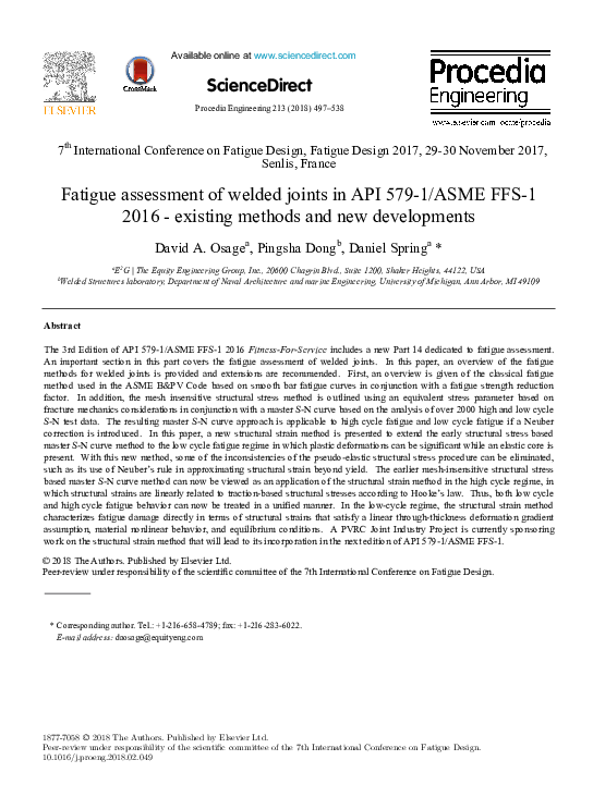 (PDF) Fatigue assessment of welded joints in API 579-1/ASME FFS-1 2016 - existing methods and ...