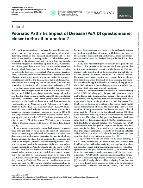 (PDF) Psoriatic Arthritis Impact of Disease (PsAID) questionnaire ...