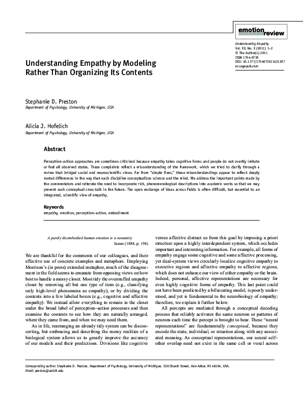 (PDF) Understanding Empathy by Modeling Rather Than Organizing Its Contents