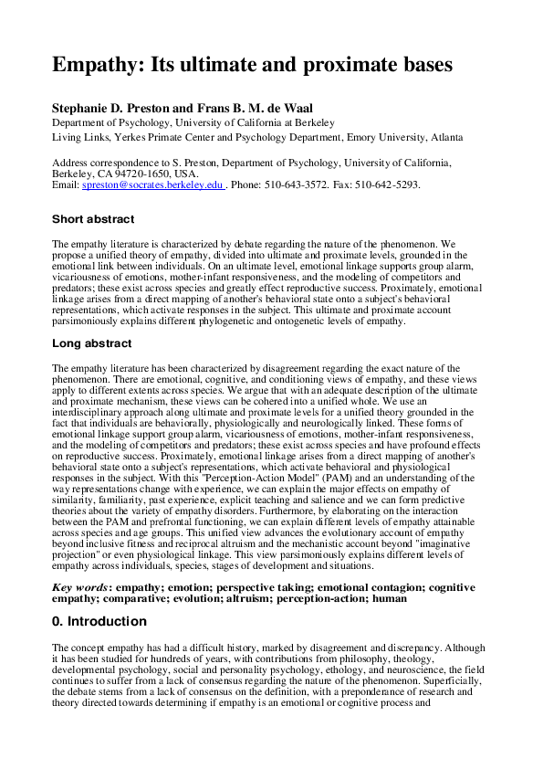 (PDF) Empathy: Its ultimate and proximate bases | Stephanie D Preston - Academia.edu