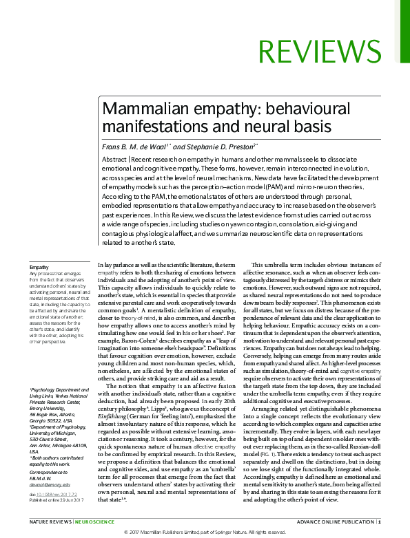(PDF) Mammalian empathy: behavioural manifestations and neural basis