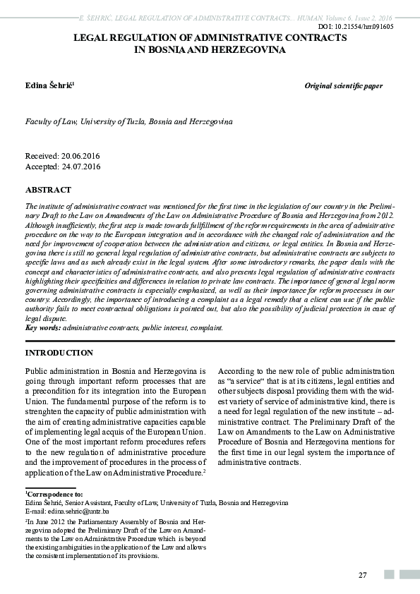 (PDF) Legal Regulation of Administrative Contracts in Bosnia and Herzegovina