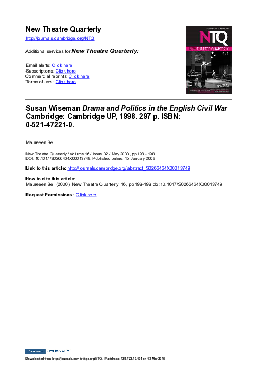 (PDF) Susan Wiseman., Drama and Politics in the English Civil War