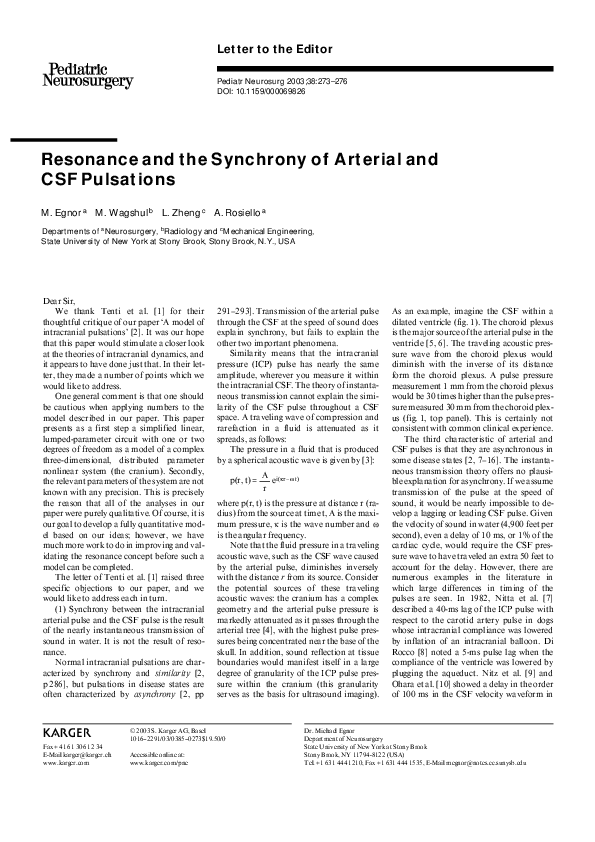 (PDF) Resonance and the Synchrony of Arterial and CSF Pulsations