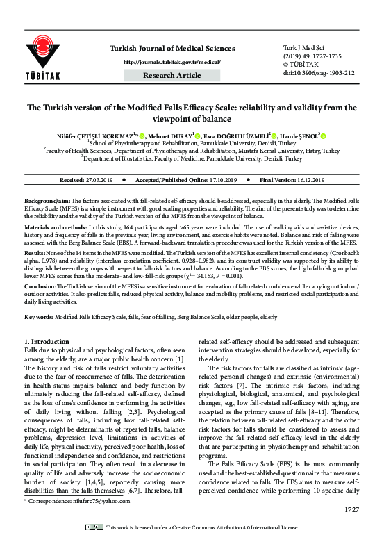 (PDF) The Turkish version of the Modified Falls Efficacy Scale ...
