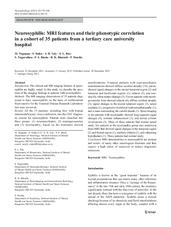 (PDF) Neurosyphilis: MRI features and their phenotypic correlation in a ...