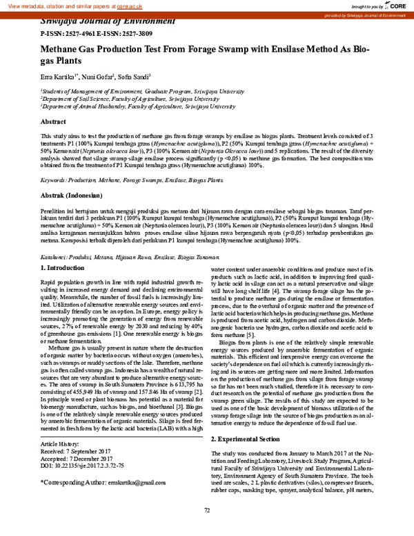 (PDF) Methane Gas Production Test from Forage Swamp with Ensilase ...