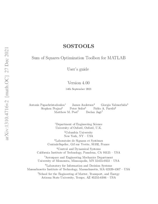 (PDF) SOSTOOLS Version 4.00 Sum of Squares Optimization Toolbox for MATLAB
