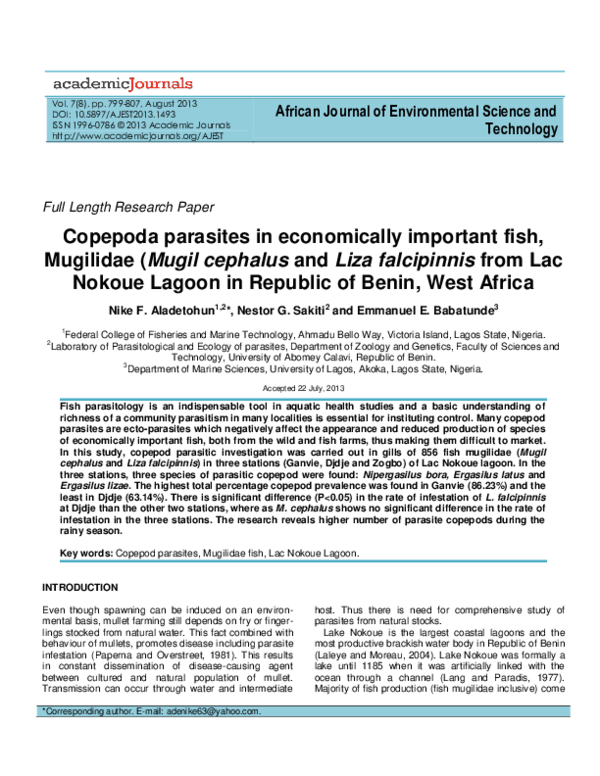 (PDF) Copepoda parasites in economically important fish, Mugilidae ...