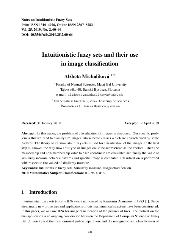 Pdf Intuitionistic Fuzzy Sets And Their Use In Image Classification
